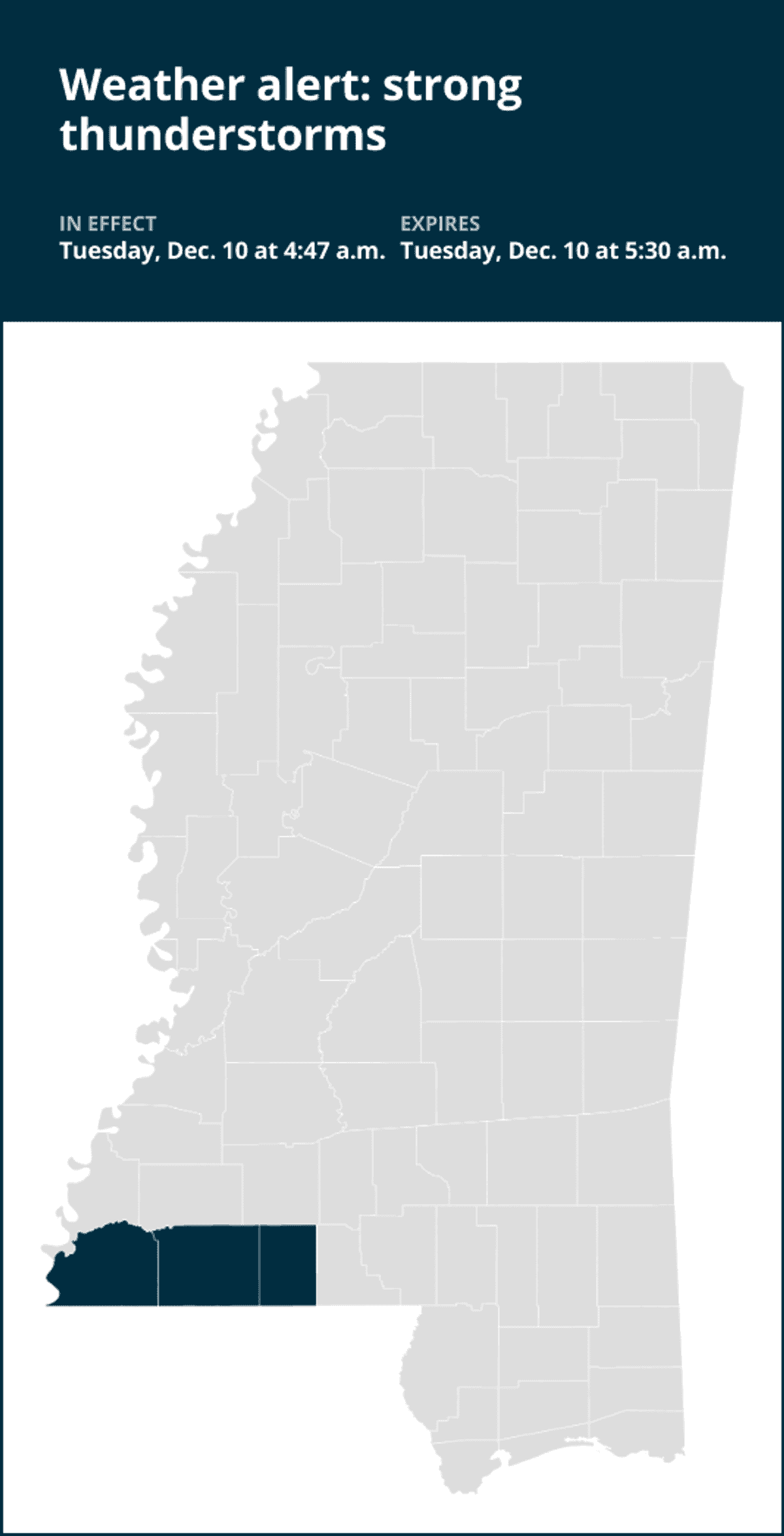 Update: Prepare for strong thunderstorms in southwest Mississippi earl...