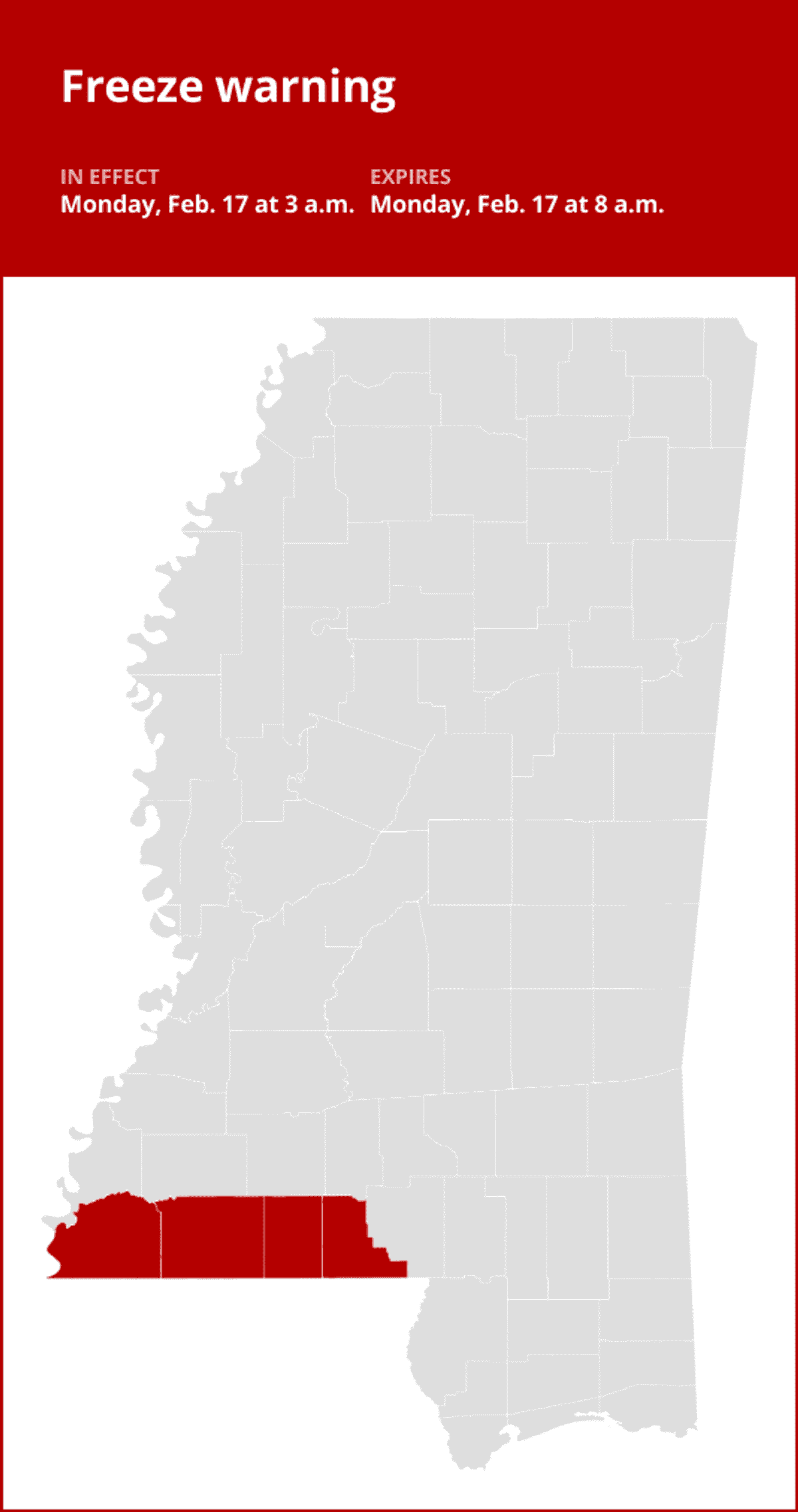 Freeze warning for southwest Mississippi for Monday