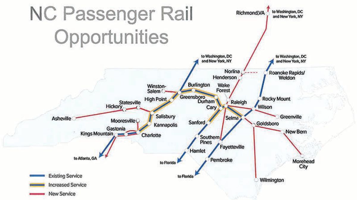 A train from Raleigh to Wilmington lurches forward