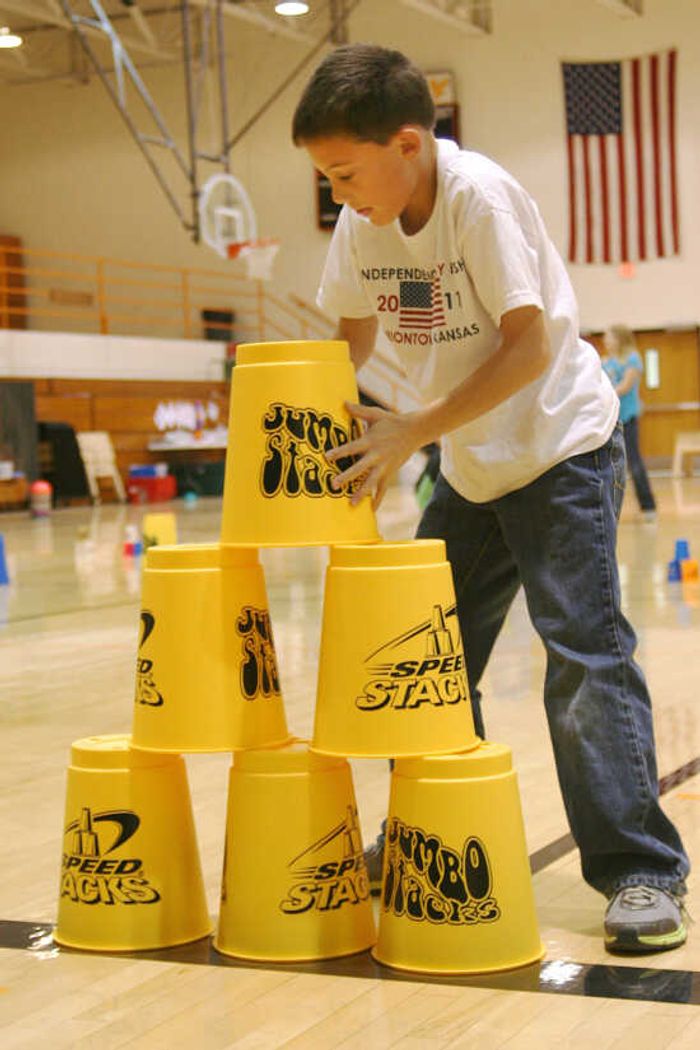 Students try breaking sports stacking record