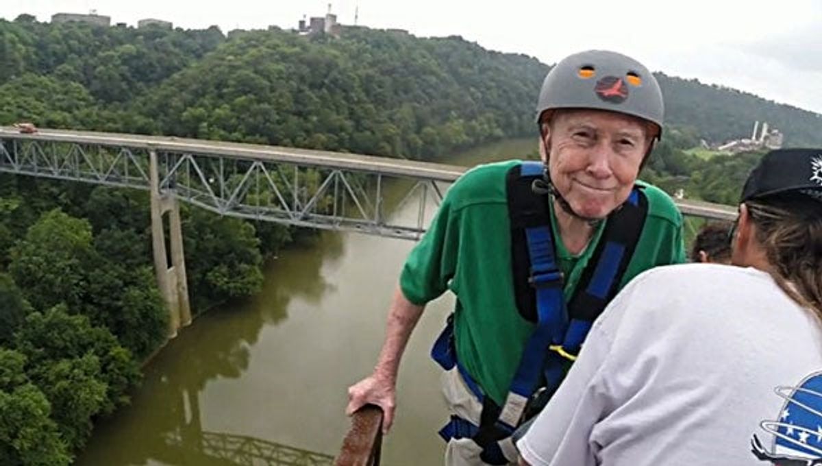 BUNGEE JUMP: Former Trojan jumps 240 feet at age 90