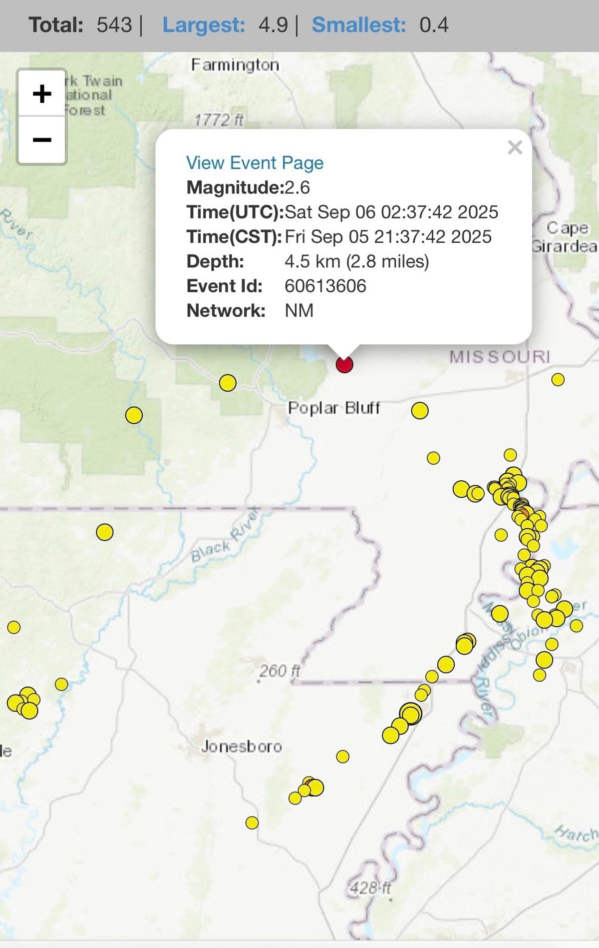 Minor earthquake recorded near Puxico, Missouri, with no dam...