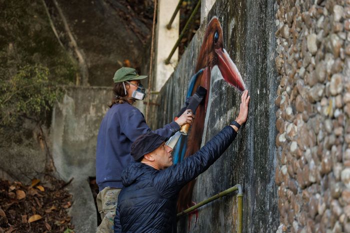 Across the forgotten walls of a Hong Kong island, a flock of bird mura...