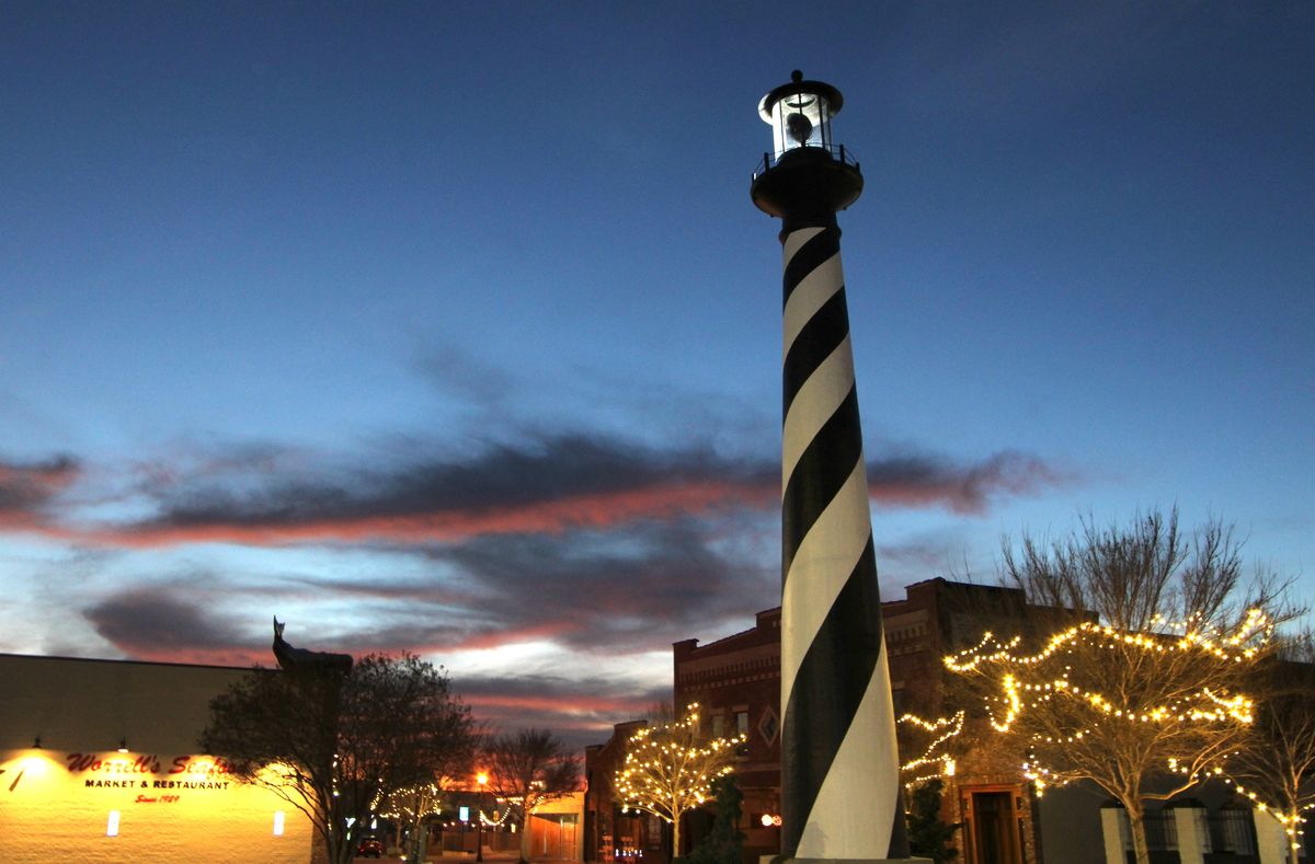 Downtown lighthouse glows