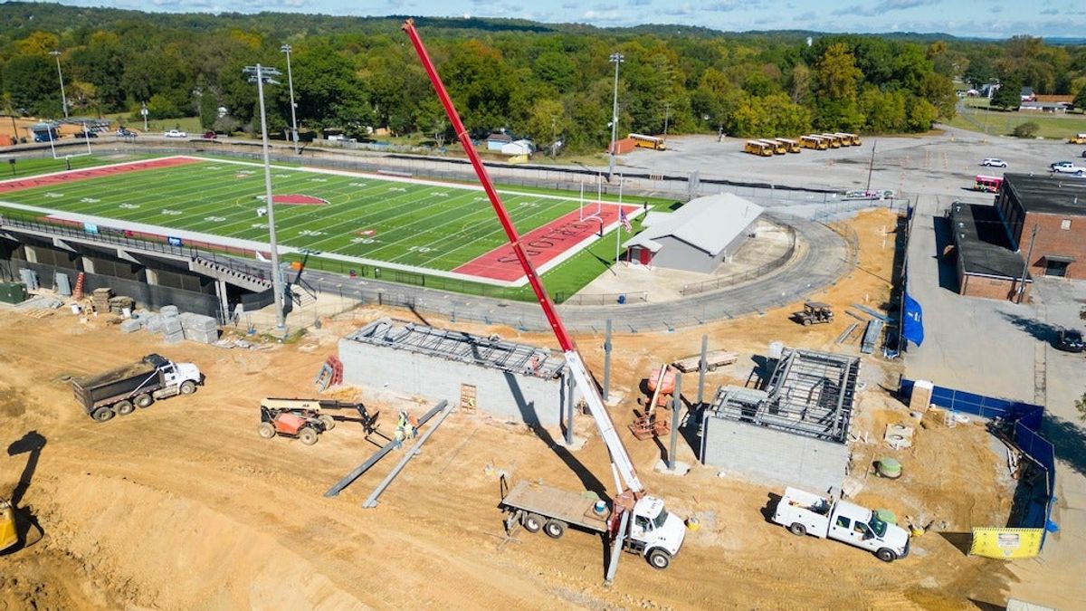 Construction progresses on Larry Simmons Stadium, Jim Davenp...
