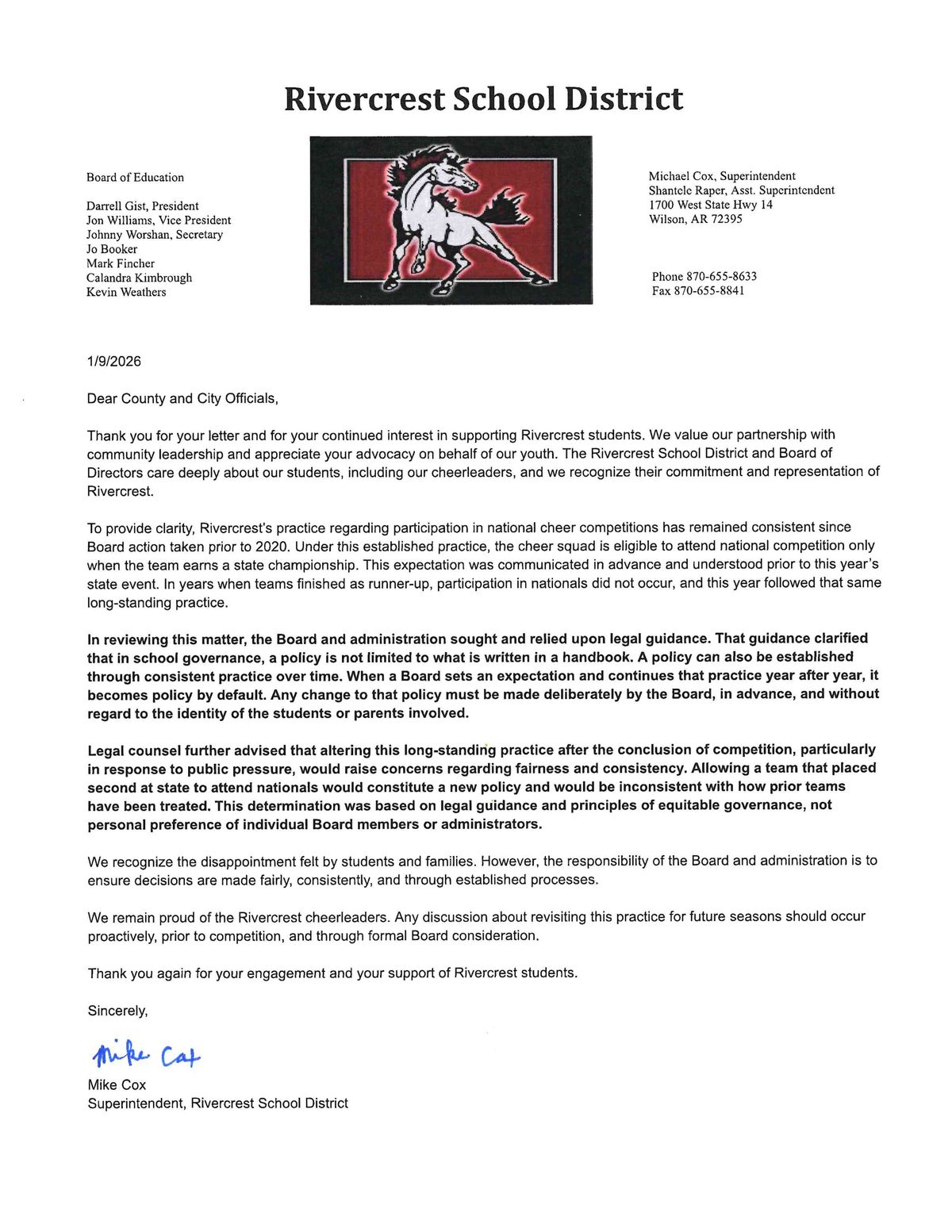 Cox responds to mayoral support of RHS Cheer