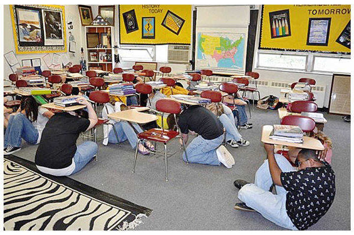 EARTHQUAKE DRILL: Students demonstrate disaster preparedness on video