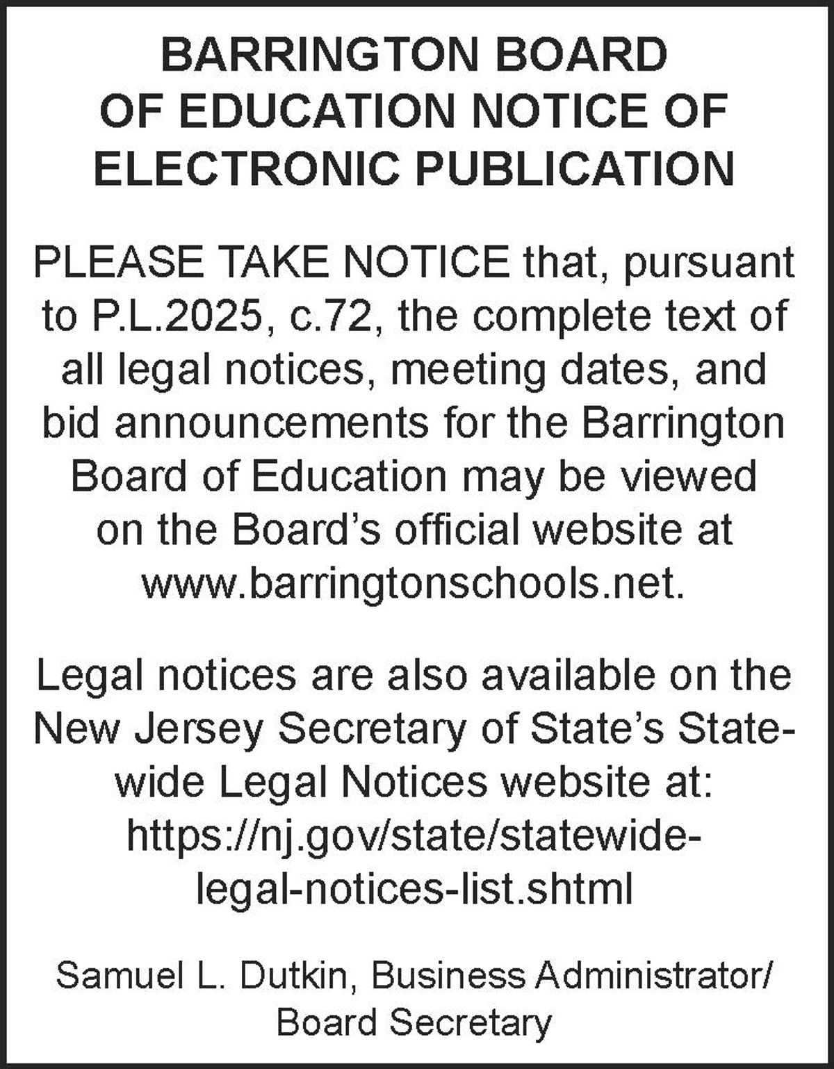Barrington Board of Education Legal Notices Now Available On...