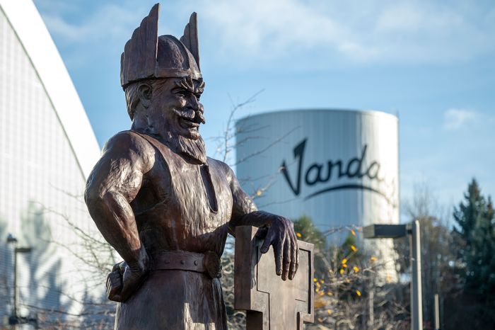 Joe Vandal statue unveiled in front of Kibbie Dome