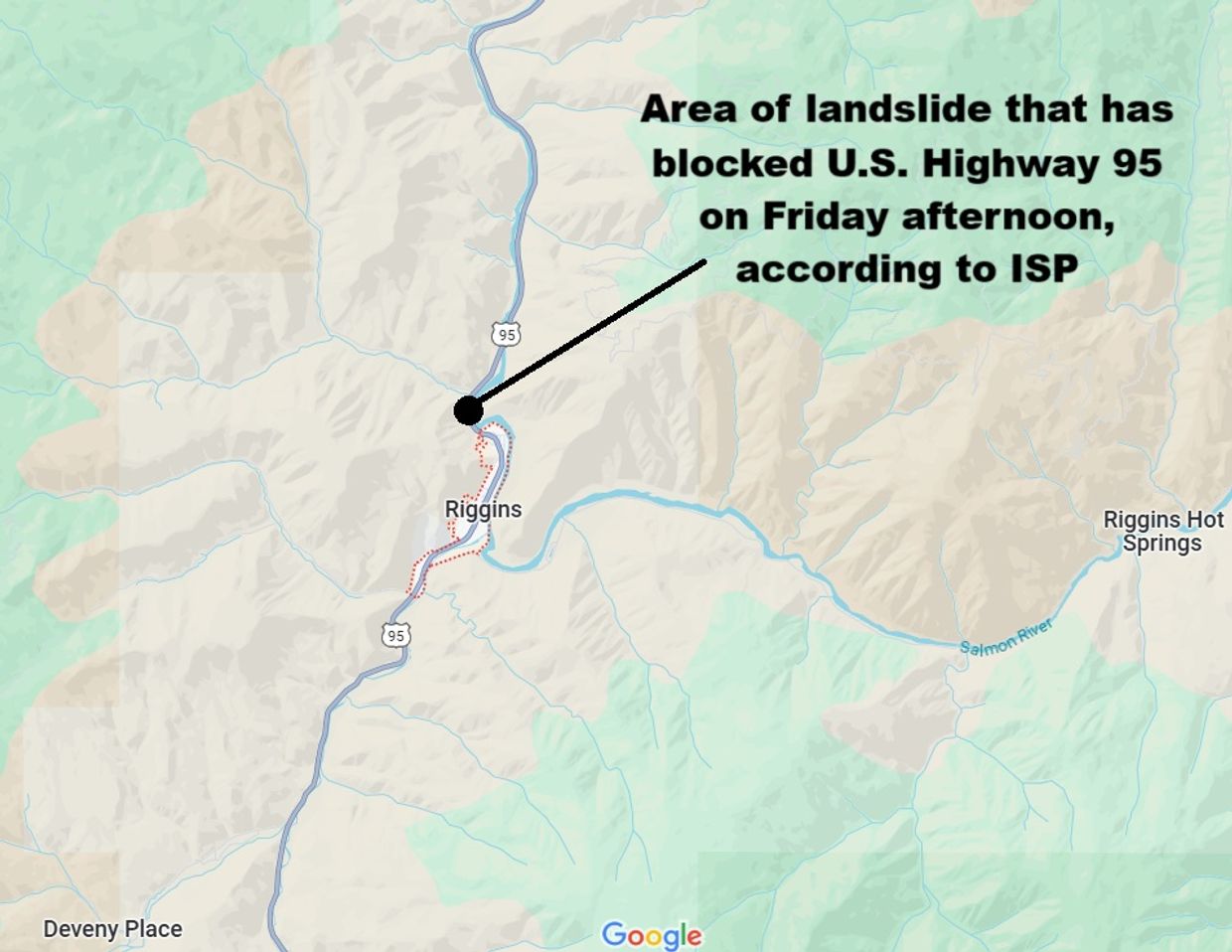 U.S. Highway 95 blocked by landslide north of Riggins