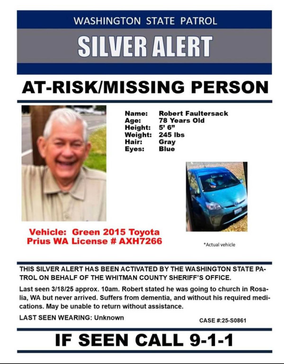 Whitman County Sheriff’s Office looking for 78-year-old Thor...