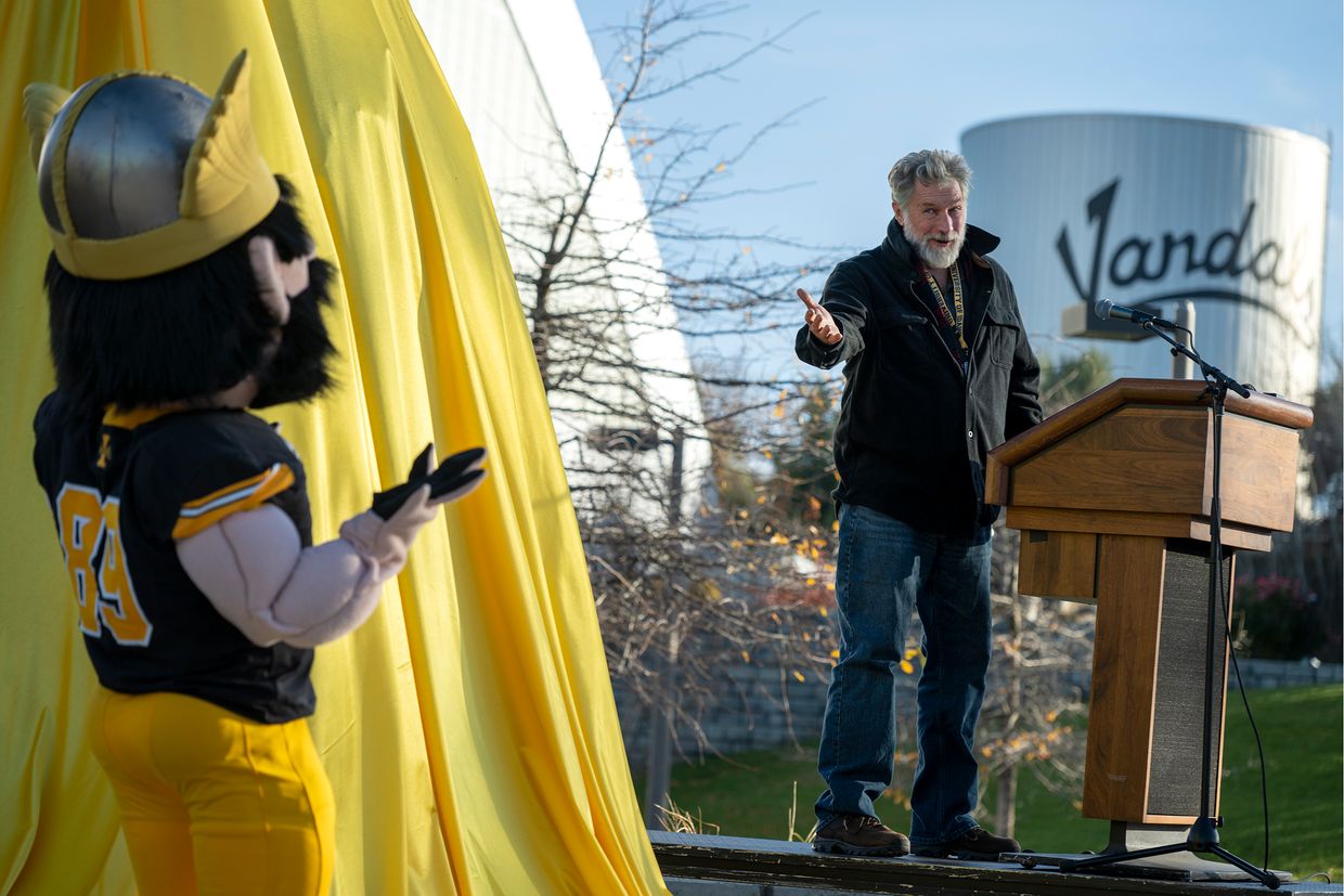 Joe Vandal statue unveiled in front of Kibbie Dome