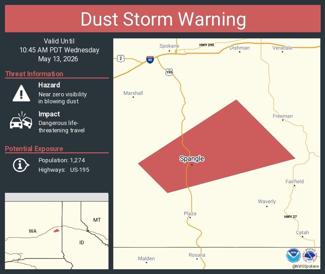 U.S. Highway 195 closed near Spangle because of dust storm