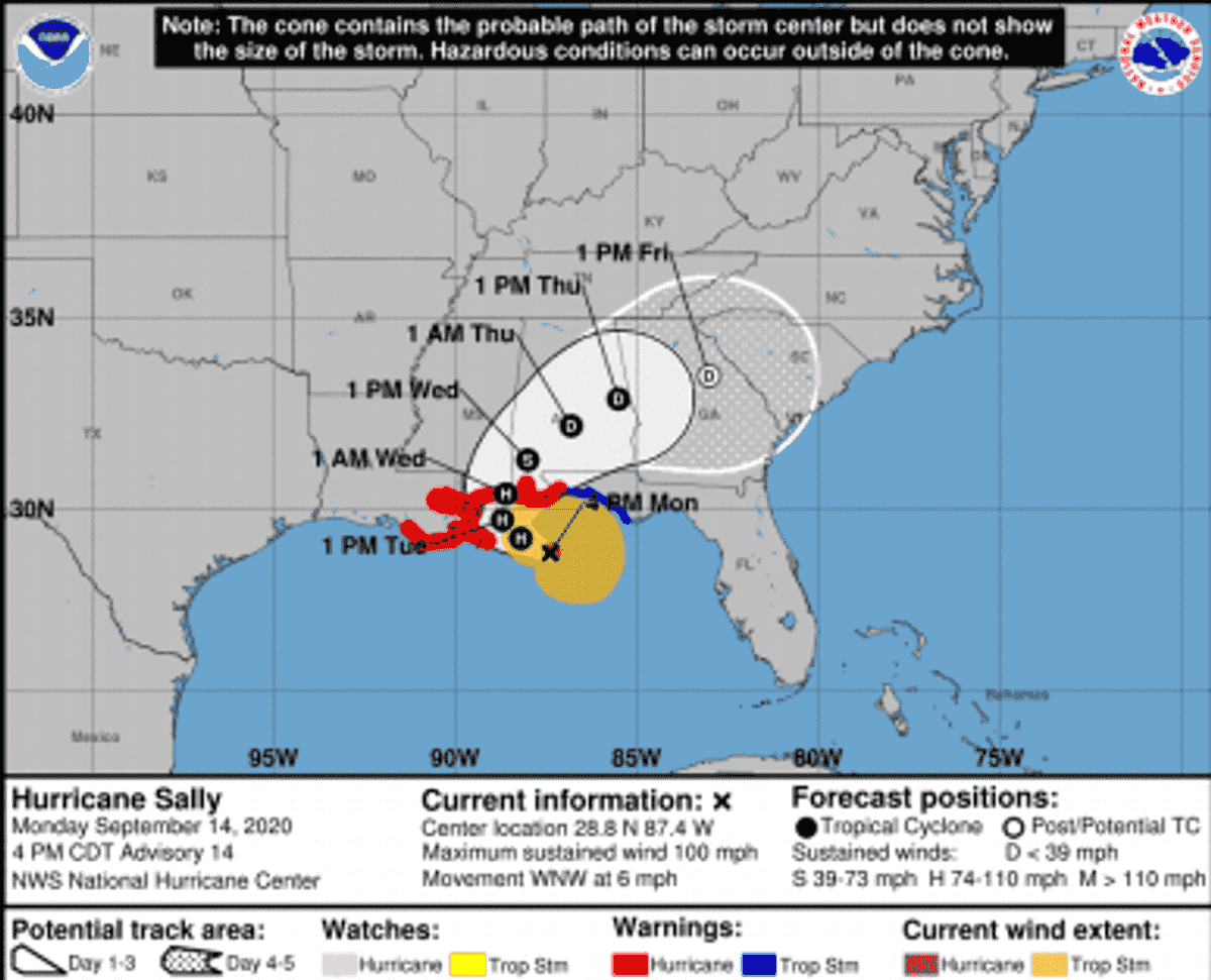 Sally's tracking east again
