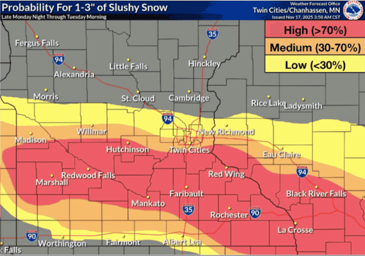 Slushy snow possible Monday night