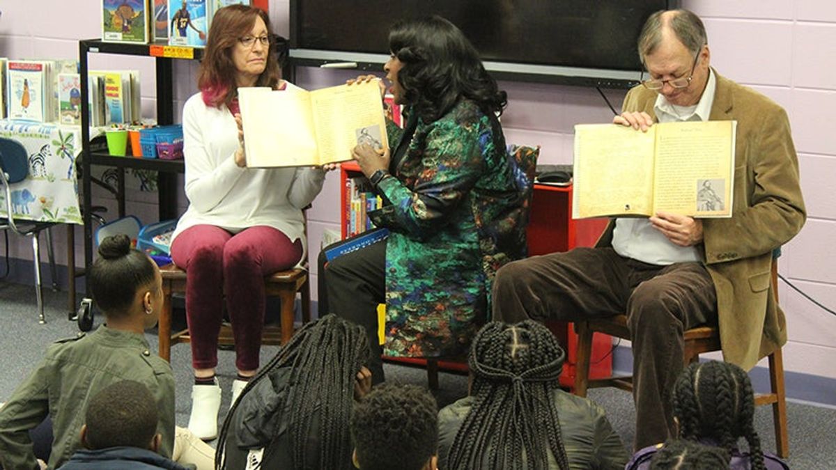 Sewell, authors read to students ahead of town hall