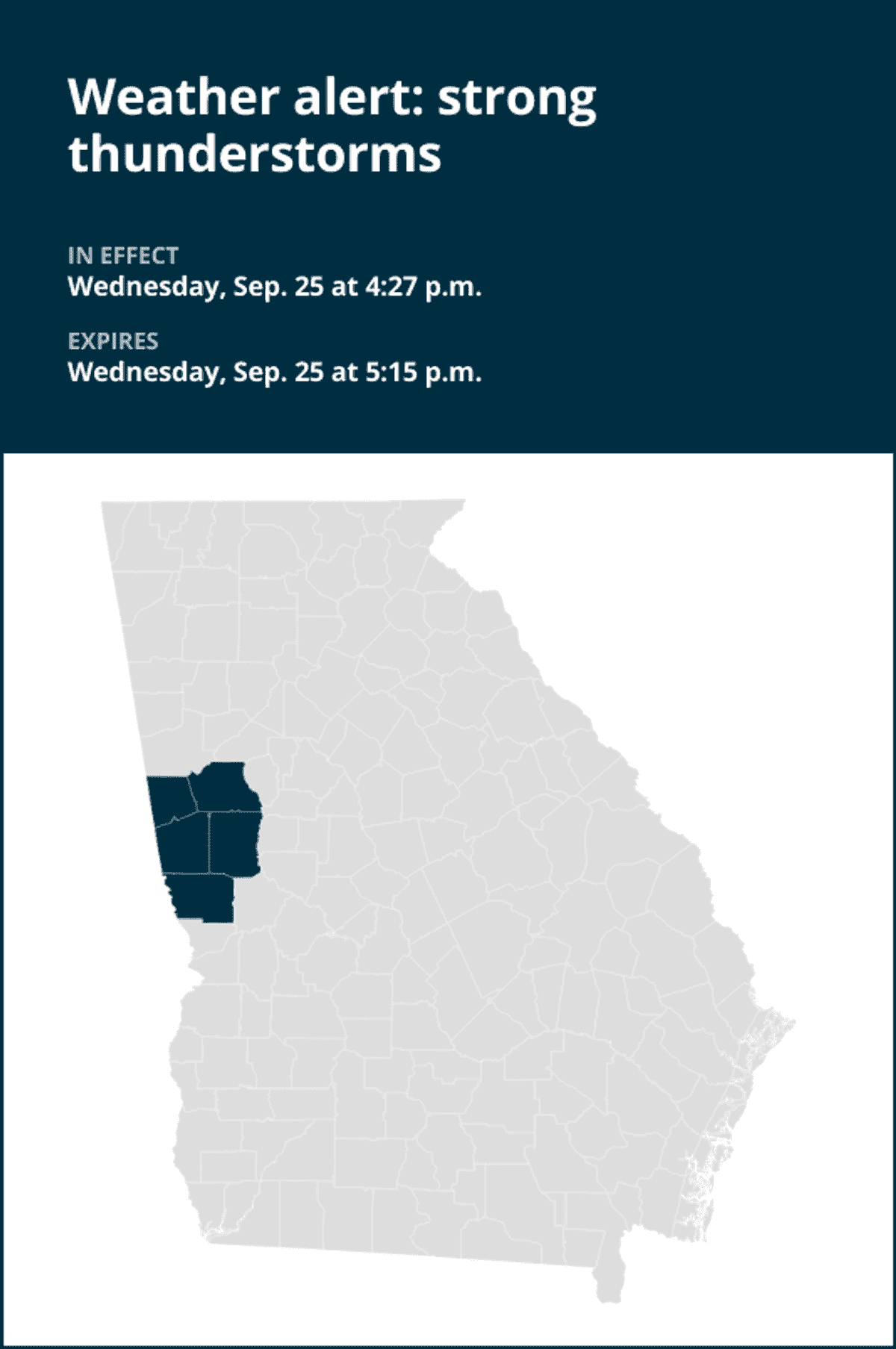 Weather alert for strong thunderstorms in West Georgia early...