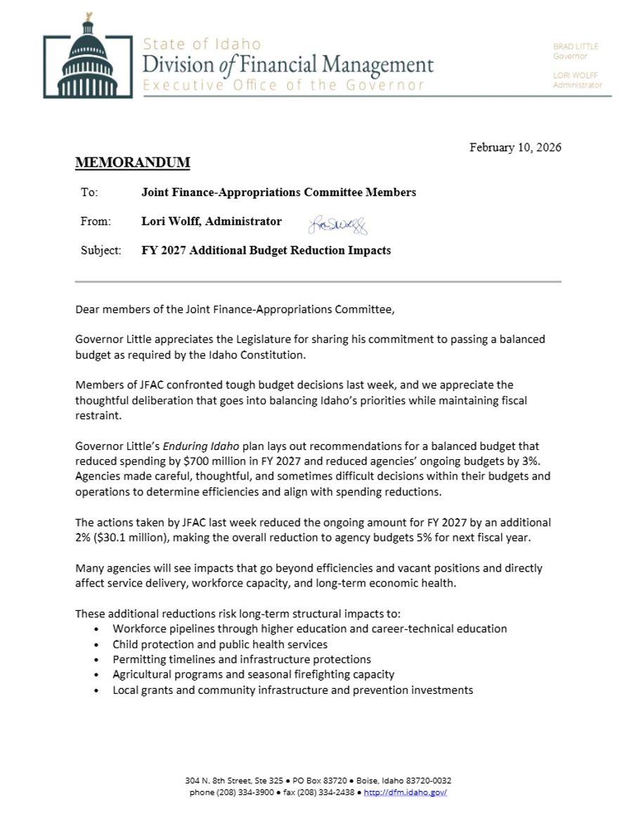 Letter to JFAC outlines impact of budget cuts