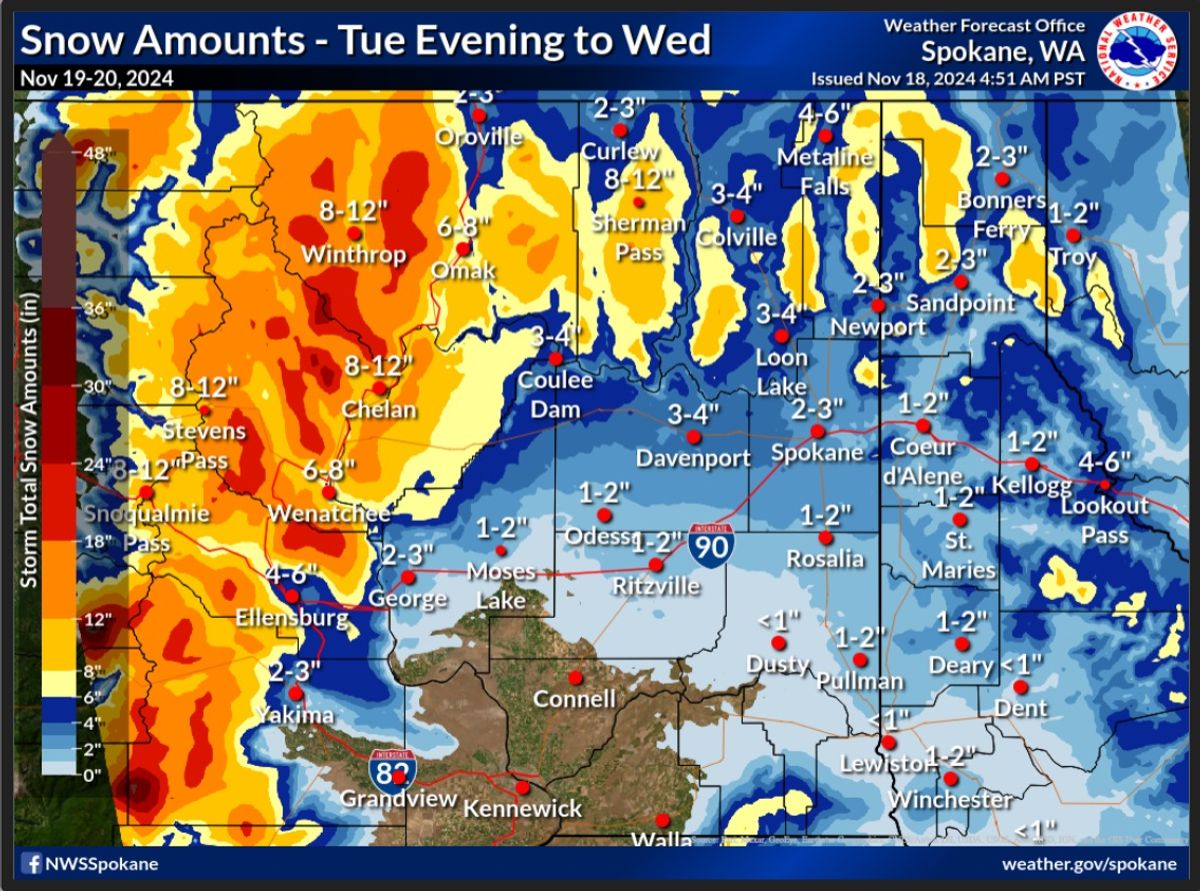 Snow expected in Inland Northwest on Tuesday evening, Wednes...