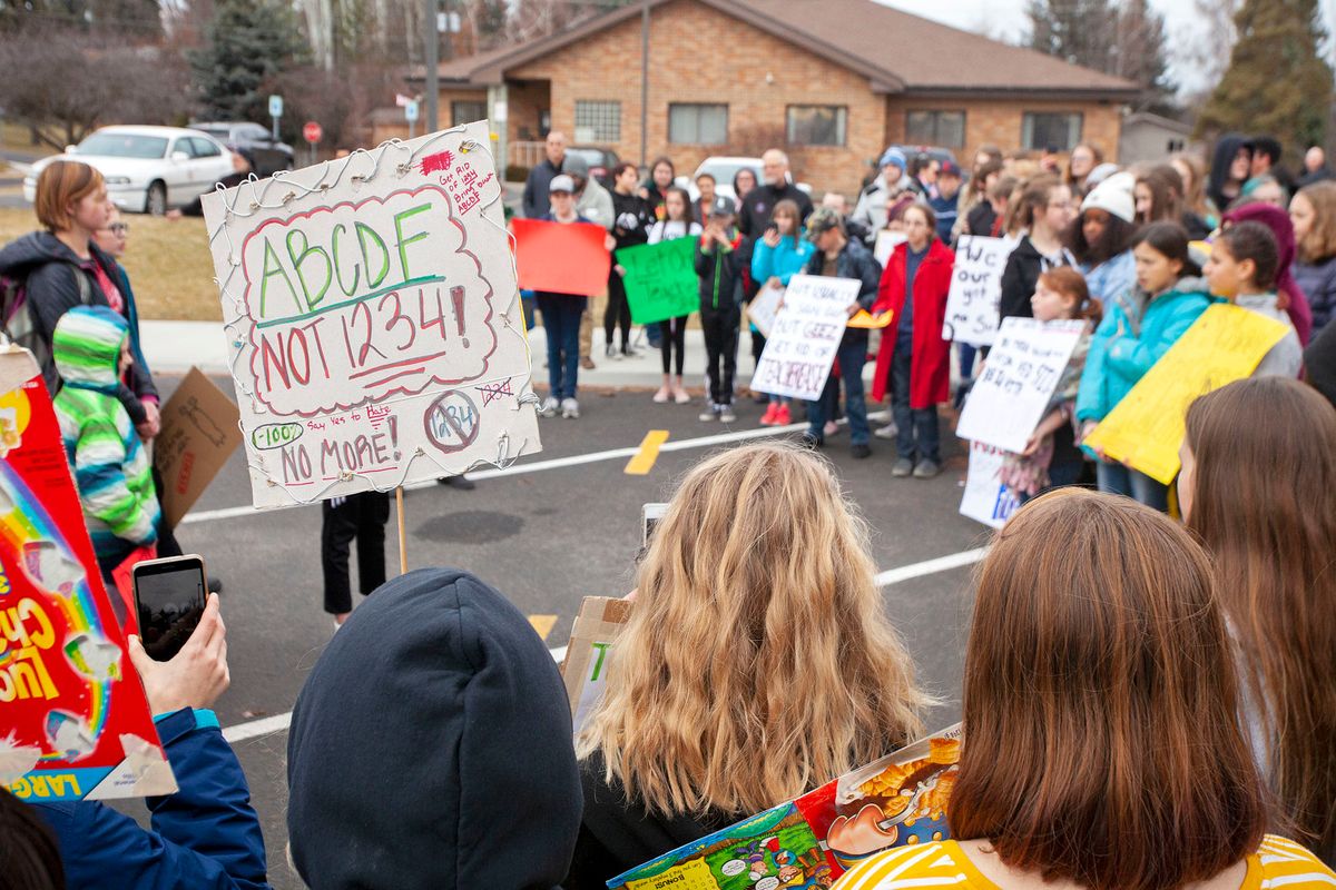 Moscow Middle School students walk out of class