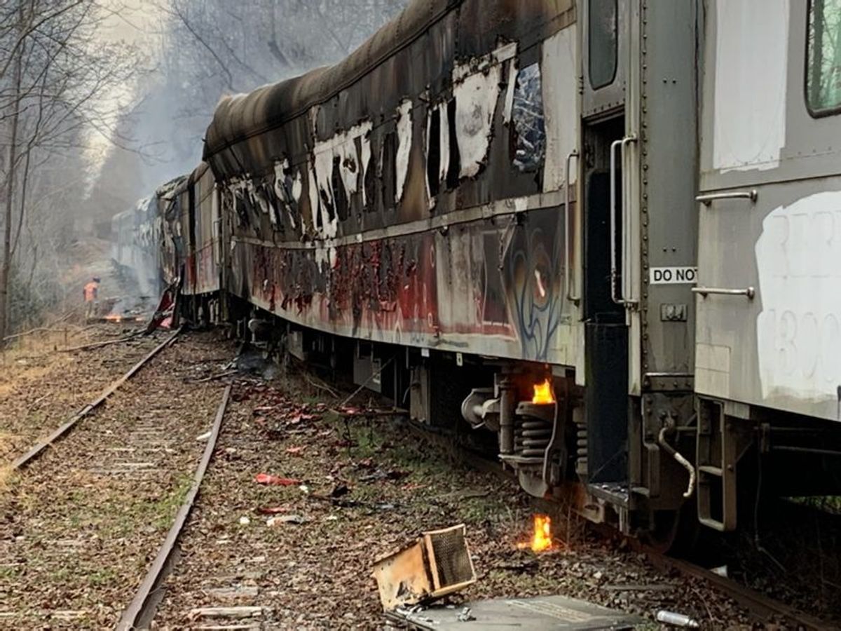 Circus train cars on fire