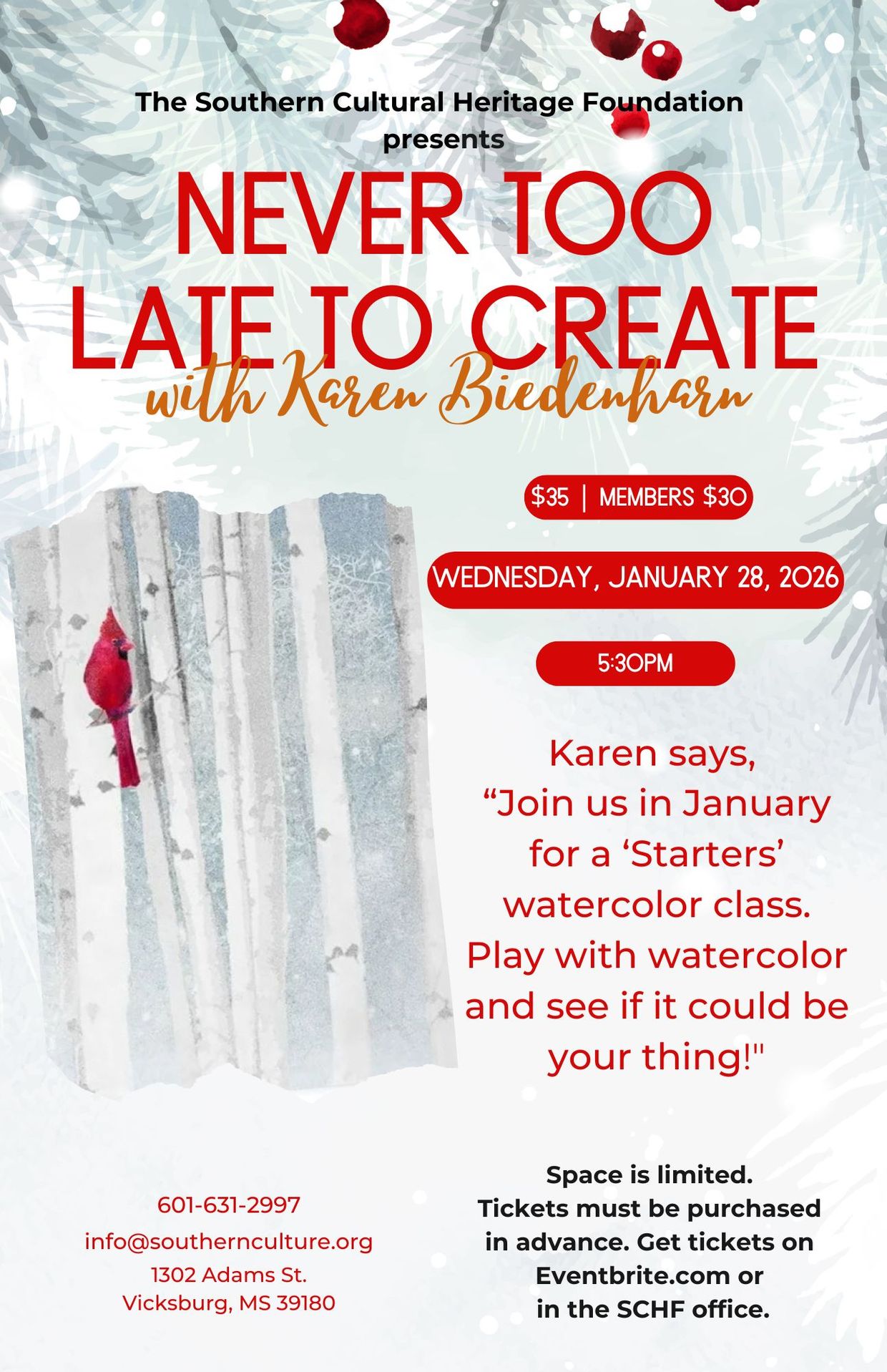 Southern Cultural to host “Never Too Late to Create” with Karen Bieden...